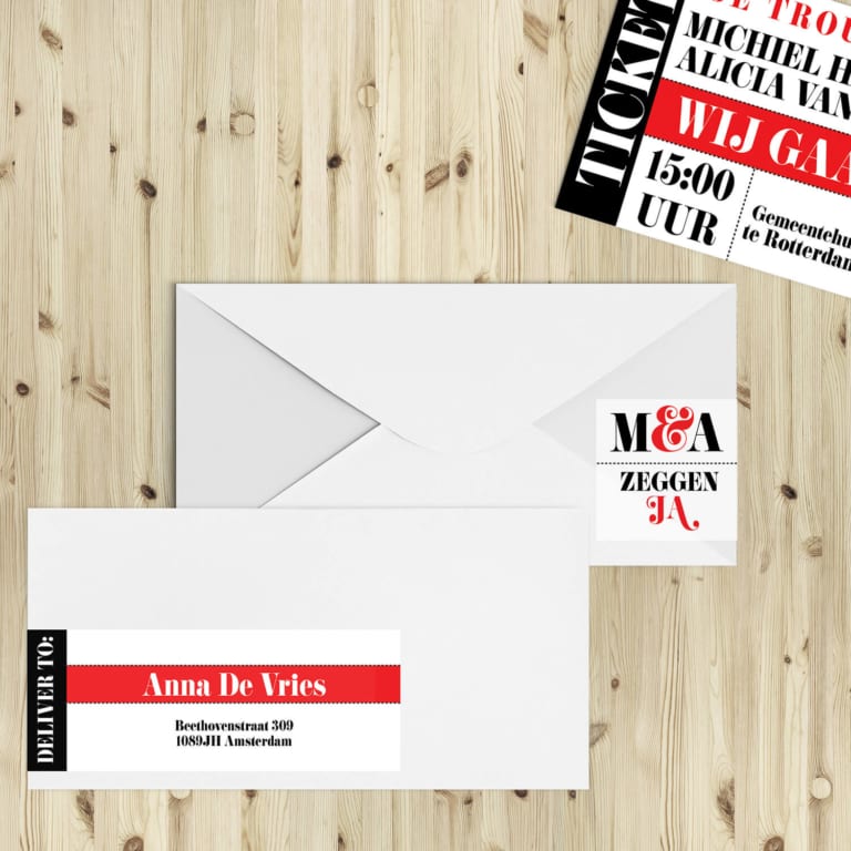 Trouwkaart Moderne Toegangskaart - Hip trouwkaartje, rood accent